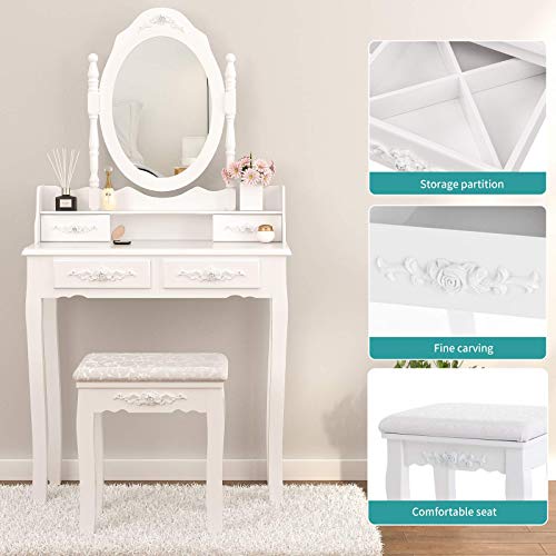 LAGRIMA Makeup Vanity Table Set, Makeup Table and Stool with Oval Mirror & 4 Storage Drawers, Wooden Dressing Desk Table Furniture Set for Women Girls