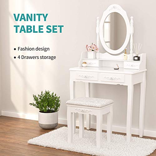 LAGRIMA Makeup Vanity Table Set, Makeup Table and Stool with Oval Mirror & 4 Storage Drawers, Wooden Dressing Desk Table Furniture Set for Women Girls