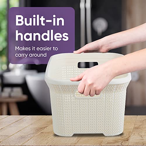 Plastic Laundry Basket Small Storage Hamper Basket, 2 Pack Cream Cloths Basket Organizer with Cut-Out Handles. Space Saving for Laundry Room Bedroom Bathroom, Knit Design 40 Liter.