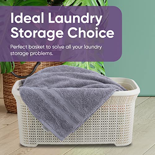 Plastic Laundry Basket Small Storage Hamper Basket, 2 Pack Cream Cloths Basket Organizer with Cut-Out Handles. Space Saving for Laundry Room Bedroom Bathroom, Knit Design 40 Liter.