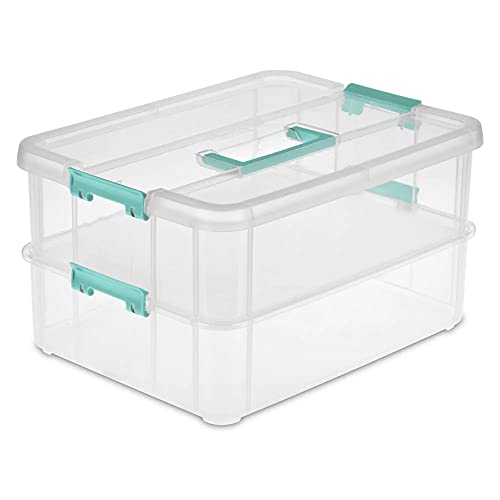 Sterilite Stack and Carry 2 Layer Handle Box, Stackable Plastic Small Storage Container with Latching Lid, Bin to Organize Crafts, Clear, 8-Pack