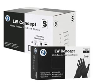 lw concept disposable nitrile gloves, chemical resistant, powder-free, latex-free, non-sterile, food safe, 5 mil, black, 1000-count (small)