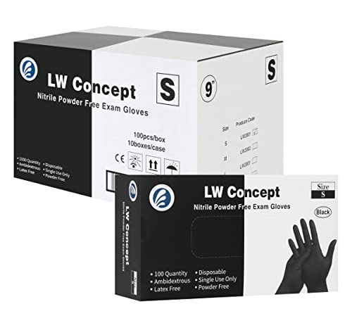 LW Concept Disposable Nitrile Gloves, Chemical Resistant, Powder-Free, Latex-Free, Non-Sterile, Food Safe, 5 Mil, Black, 1000-Count (Small)