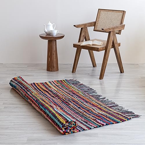 HOMEMONDE Reversible Handmade Chindi Rug Boho 20x32 Inch 100% Recycled Material Farmhouse Braided Rag Rug with Colorful Tassels for Living Room, Bedroom, Kitchen, Doormats