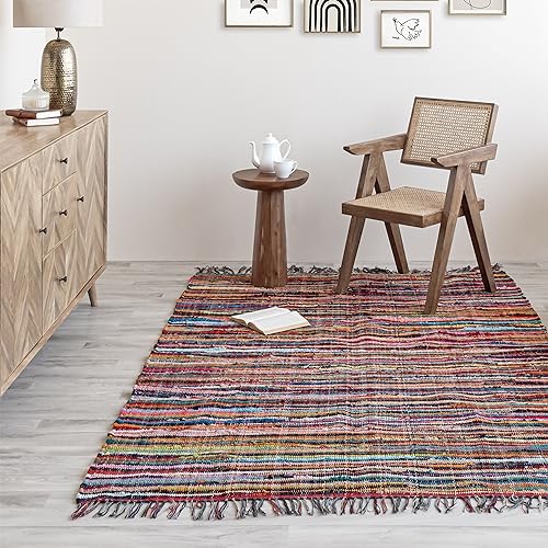 HOMEMONDE Reversible Handmade Chindi Rug Boho 20x32 Inch 100% Recycled Material Farmhouse Braided Rag Rug with Colorful Tassels for Living Room, Bedroom, Kitchen, Doormats