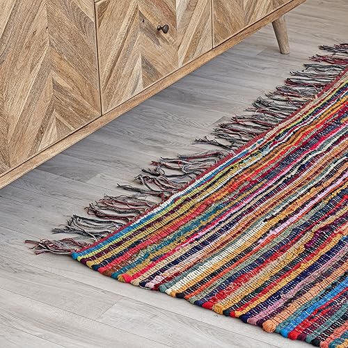 HOMEMONDE Reversible Handmade Chindi Rug Boho 20x32 Inch 100% Recycled Material Farmhouse Braided Rag Rug with Colorful Tassels for Living Room, Bedroom, Kitchen, Doormats