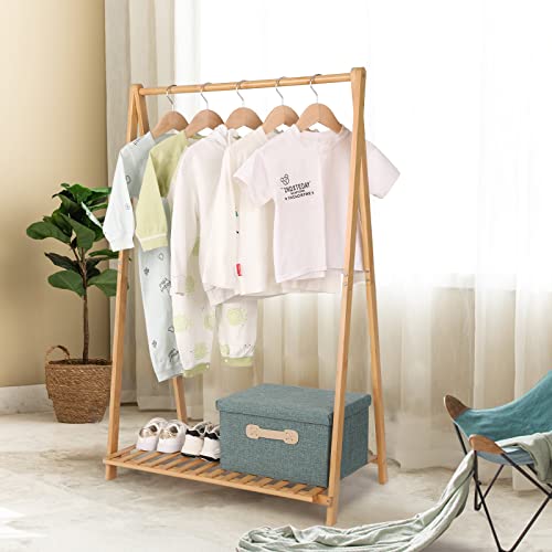 Jotsport Small Clothes Rack Kids Dress Up Storage for Playroom, Toddlers Bedroom, Bamboo Child Garment Rack with Storage Shelf, Kids Clothing Rack Costumes Organizer