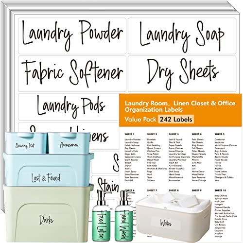 Hebayy 242 pcs Laundry Room, Linen Closet & Office Labels, 220 Pre-Printed Waterproof Oil&Tear Resistant Removable Stickers, 22 Blank Ones, No Residue for Home Office Craft Room Organization