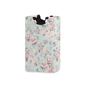 mnsruu laundry bag with handles, stylish pink flowers blue foldable collapsible laundry basket hamper for laundry room decor and accessories bathroom organization and storage