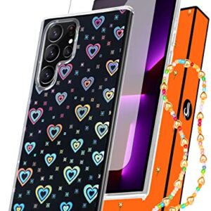 Shorogyt Holographic Heart Case for Samsung Galaxy S22 Ultra 5G/4G 6.8 inch Cute Clear Love Hearts Cases Glitter Laser Bling Women Girls Aesthetic Design Cover+Screen+Chain for 22 Ultra 6.8”(3in1)