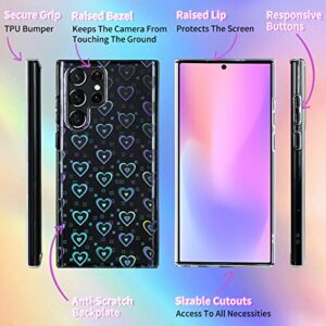 Shorogyt Holographic Heart Case for Samsung Galaxy S22 Ultra 5G/4G 6.8 inch Cute Clear Love Hearts Cases Glitter Laser Bling Women Girls Aesthetic Design Cover+Screen+Chain for 22 Ultra 6.8”(3in1)