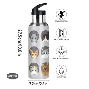 Cute Cat Kitten Water Bottle Kids Insulated Thermos Stainless Steel Hot Cold Water Flask Jug with Straw Lid for Sports Gym Running 20 oz