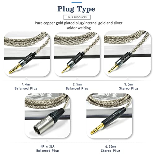 GUCraftsman 6N Single Crystal Silver Upgrade Headphone Cable 3.5mm/4.4mm/4Pin XLR Headphone Upgrade Cable for MrSpeakers/Dan Clark Audio Aeon 2 Ether 2 Ether C Flow Stealth (4.4mm Plug)