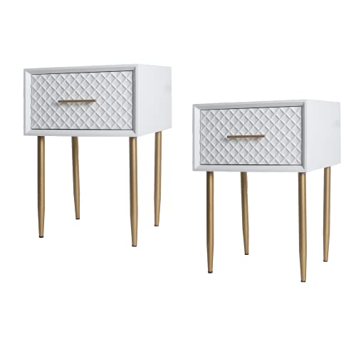 COZAYH Set of 2 Modern Spacious Drawer Nightstand Side Table, Retro-Inspired Raised Diamond Motif, White 2-Pack 1-Drawer Nightstand Nightstands