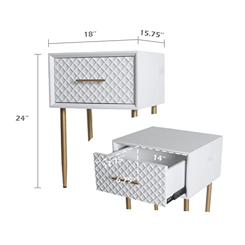 COZAYH Set of 2 Modern Spacious Drawer Nightstand Side Table, Retro-Inspired Raised Diamond Motif, White 2-Pack 1-Drawer Nightstand Nightstands