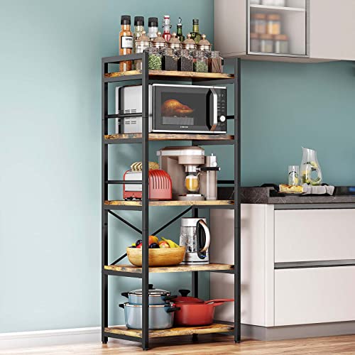 Denkee 5-Tier Bakers Rack for Kitchen with Storage, Industrial Microwave Stand Oven Shelf, Free Standing Kitchen Stand Storage Shelf (23.62 L x 15.75 W x 60.24 H, Rustic Brown)