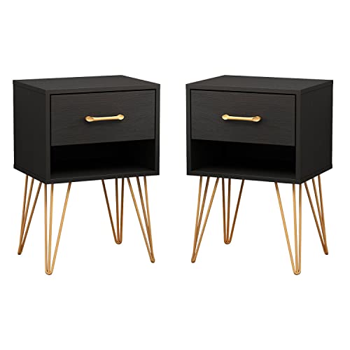 FAMAPY Nightstands Set of 2, Bedside Table Side Table with Drawer & Shelf, Industrial Style, Gold Metal Legs, End Table Black (15.7”W x 11.8”D x 23.6”H)