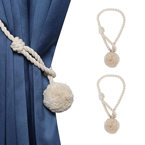 MALANOV Curtain Ball Rope Tiebacks Tie-Backs, Rope Ties, Curtain Handmade Holdbacks, Cotton Curtain Tieback (Natural -2pc)