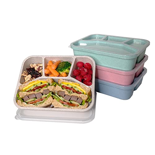 4 Pack Meal Prep Lunch Containers with 4 Compartments, Durable Bento Lunch Box, BPA Free, Wheat Straw Meal Prep Containers Reusable, Divided Food Storage Containers for Work