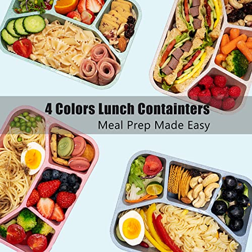 4 Pack Meal Prep Lunch Containers with 4 Compartments, Durable Bento Lunch Box, BPA Free, Wheat Straw Meal Prep Containers Reusable, Divided Food Storage Containers for Work