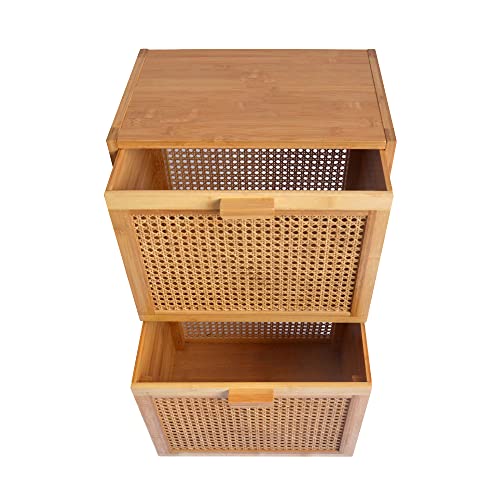 2-Shelf Storage Drawers, a Combination of Rattan-Weaved Basket and Natural Bamboo, Light Weight Night Stand