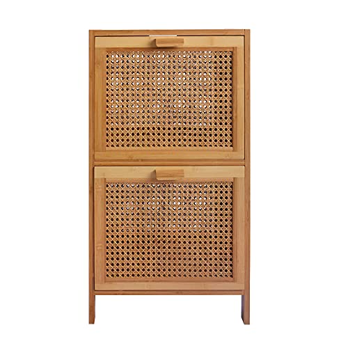 2-Shelf Storage Drawers, a Combination of Rattan-Weaved Basket and Natural Bamboo, Light Weight Night Stand