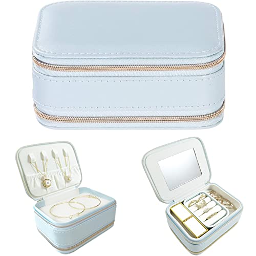 GASVAHA Small Jewelry Box Travel Jewelry Organizer: Travel Jewelry Case Jewelry Box Organizer for Women Girls, Cute Leather Jewelry Display Box Jewelry Bag for Rings Necklace Light Blue