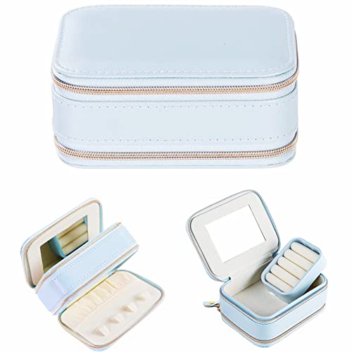 GASVAHA Small Jewelry Box Travel Jewelry Organizer: Travel Jewelry Case Jewelry Box Organizer for Women Girls, Cute Leather Jewelry Display Box Jewelry Bag for Rings Necklace Light Blue