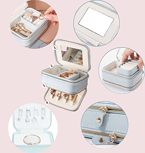 GASVAHA Small Jewelry Box Travel Jewelry Organizer: Travel Jewelry Case Jewelry Box Organizer for Women Girls, Cute Leather Jewelry Display Box Jewelry Bag for Rings Necklace Light Blue