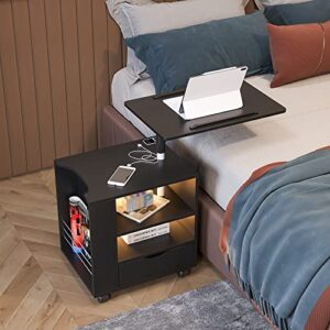 HNEBC Auto LED Nightstand with 2 USB Charging Station,Black Nightstand Has Adjustable Rotary Table, Bedside Tables with One Drawer and 2 Mezzanines/Infrared Induction 3 Color Lighting(On The Left)