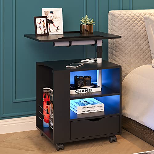 HNEBC Auto LED Nightstand with 2 USB Charging Station,Black Nightstand Has Adjustable Rotary Table, Bedside Tables with One Drawer and 2 Mezzanines/Infrared Induction 3 Color Lighting(On The Left)