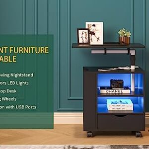 HNEBC Auto LED Nightstand with 2 USB Charging Station,Black Nightstand Has Adjustable Rotary Table, Bedside Tables with One Drawer and 2 Mezzanines/Infrared Induction 3 Color Lighting(On The Left)