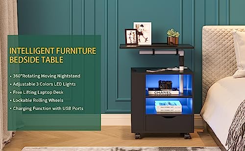 HNEBC Auto LED Nightstand with 2 USB Charging Station,Black Nightstand Has Adjustable Rotary Table, Bedside Tables with One Drawer and 2 Mezzanines/Infrared Induction 3 Color Lighting(On The Left)