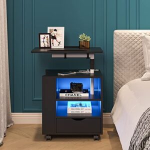 HNEBC Auto LED Nightstand with 2 USB Charging Station,Black Nightstand Has Adjustable Rotary Table, Bedside Tables with One Drawer and 2 Mezzanines/Infrared Induction 3 Color Lighting(On The Left)