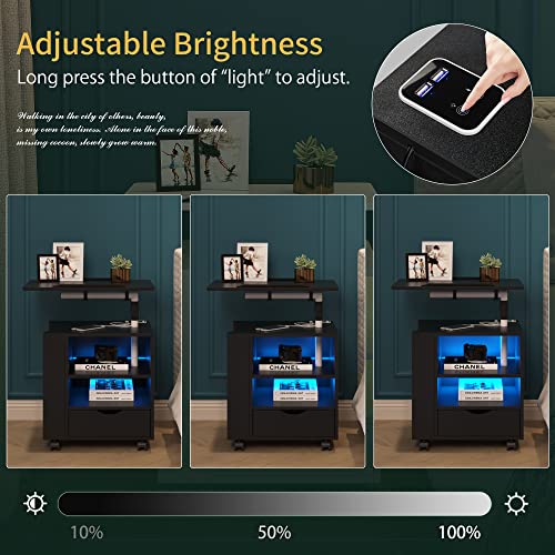 HNEBC Auto LED Nightstand with 2 USB Charging Station,Black Nightstand Has Adjustable Rotary Table, Bedside Tables with One Drawer and 2 Mezzanines/Infrared Induction 3 Color Lighting(On The Left)