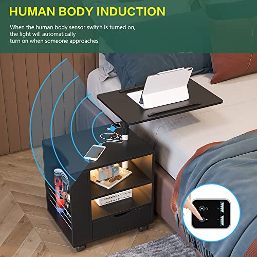 HNEBC Auto LED Nightstand with 2 USB Charging Station,Black Nightstand Has Adjustable Rotary Table, Bedside Tables with One Drawer and 2 Mezzanines/Infrared Induction 3 Color Lighting(On The Left)