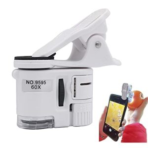 60x pocket microscope, handheld portable led lighted magnification endoscope with a mobile phone adapter clip, built-in uv and led flashlight