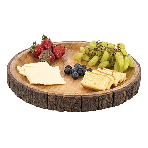 GoCraft Round Wooden Serving Platter with Tree Bark on Edges | Mango Wood Pizza Platter, Serve Board | Charcuterie Platter - 13"