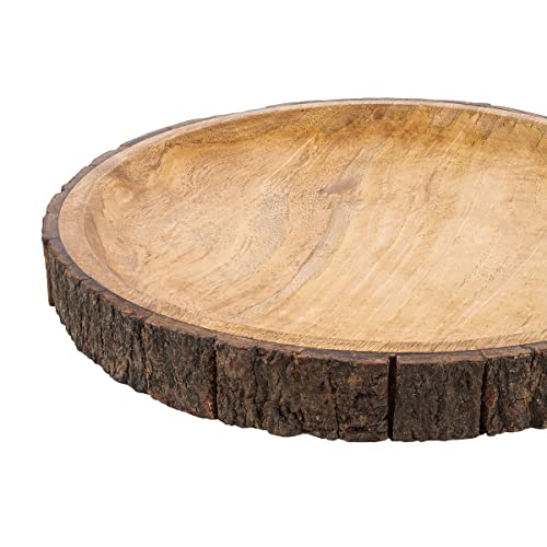 GoCraft Round Wooden Serving Platter with Tree Bark on Edges | Mango Wood Pizza Platter, Serve Board | Charcuterie Platter - 13"