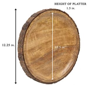 GoCraft Round Wooden Serving Platter with Tree Bark on Edges | Mango Wood Pizza Platter, Serve Board | Charcuterie Platter - 13"