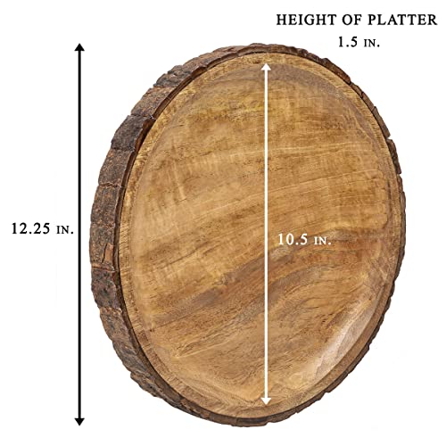 GoCraft Round Wooden Serving Platter with Tree Bark on Edges | Mango Wood Pizza Platter, Serve Board | Charcuterie Platter - 13"