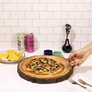 GoCraft Round Wooden Serving Platter with Tree Bark on Edges | Mango Wood Pizza Platter, Serve Board | Charcuterie Platter - 13"