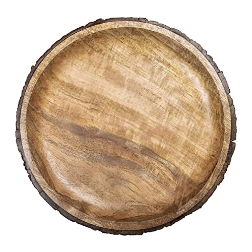 GoCraft Round Wooden Serving Platter with Tree Bark on Edges | Mango Wood Pizza Platter, Serve Board | Charcuterie Platter - 13"