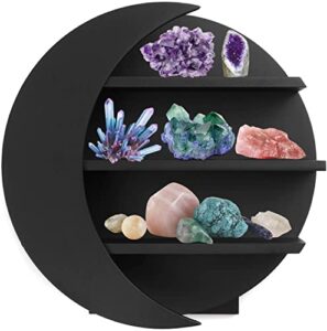 melovet wooden black moon shelf for crystals - crescent moon boho essential oil storage & wall hanging shelves for bedroom aesthetic, dining room & bathroom wall decor with tealight oil burner warmer