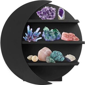 MELOVET Wooden Black Moon Shelf for Crystals - Crescent Moon Boho Essential Oil Storage & Wall Hanging Shelves for Bedroom Aesthetic, Dining Room & Bathroom Wall Decor with Tealight Oil Burner Warmer