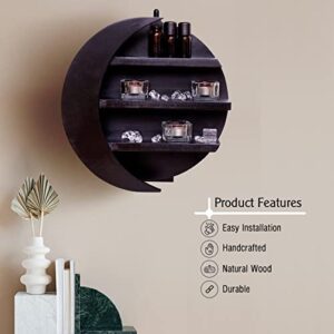 MELOVET Wooden Black Moon Shelf for Crystals - Crescent Moon Boho Essential Oil Storage & Wall Hanging Shelves for Bedroom Aesthetic, Dining Room & Bathroom Wall Decor with Tealight Oil Burner Warmer