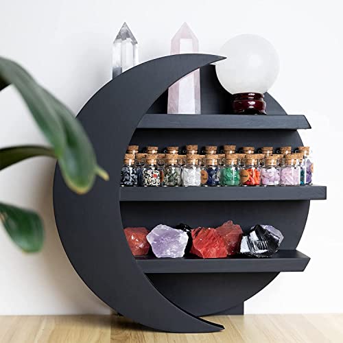 MELOVET Wooden Black Moon Shelf for Crystals - Crescent Moon Boho Essential Oil Storage & Wall Hanging Shelves for Bedroom Aesthetic, Dining Room & Bathroom Wall Decor with Tealight Oil Burner Warmer