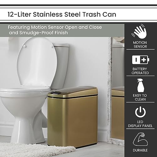 Hanover Home Hands-Free Metal Trash Can with Fingerprint-Resistant Finish, Soft-Close Motion Sensor Lid, and Removable Bin for Bathroom and Bedroom - 3.2 Gallons (12 Liters) in Gold