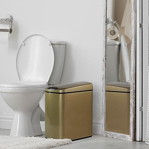 Hanover Home Hands-Free Metal Trash Can with Fingerprint-Resistant Finish, Soft-Close Motion Sensor Lid, and Removable Bin for Bathroom and Bedroom - 3.2 Gallons (12 Liters) in Gold