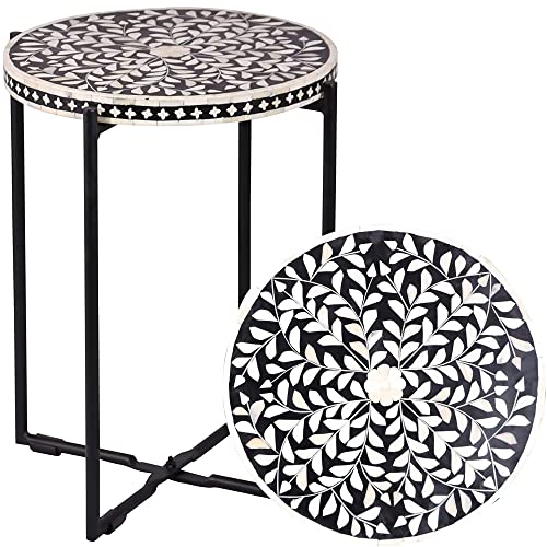 East at Main Round Side Table - 16”w x 20”h Wooden Floral Top, Metal Legs, Handmade Bone Inlay Circular Modern Decor - Collapsible Living Room, Office Farmhouse, Industrial Cocktail Furniture, Black